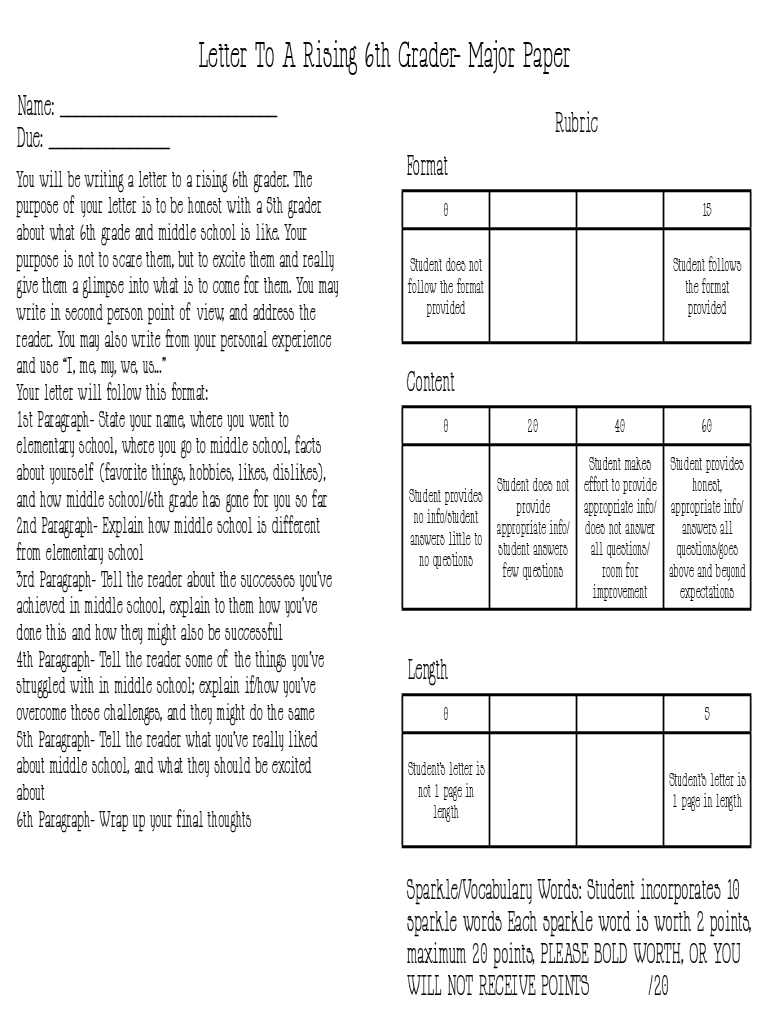Fillable Online Letter To A Rising 6th Grader- Major Paper Fax Email ...