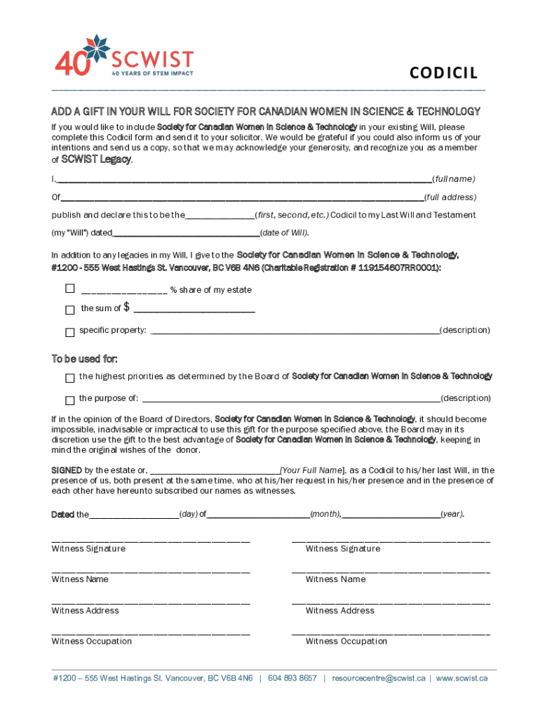 Fillable Online Wording To Make A Gift In An Existing Will (A Codicil ...