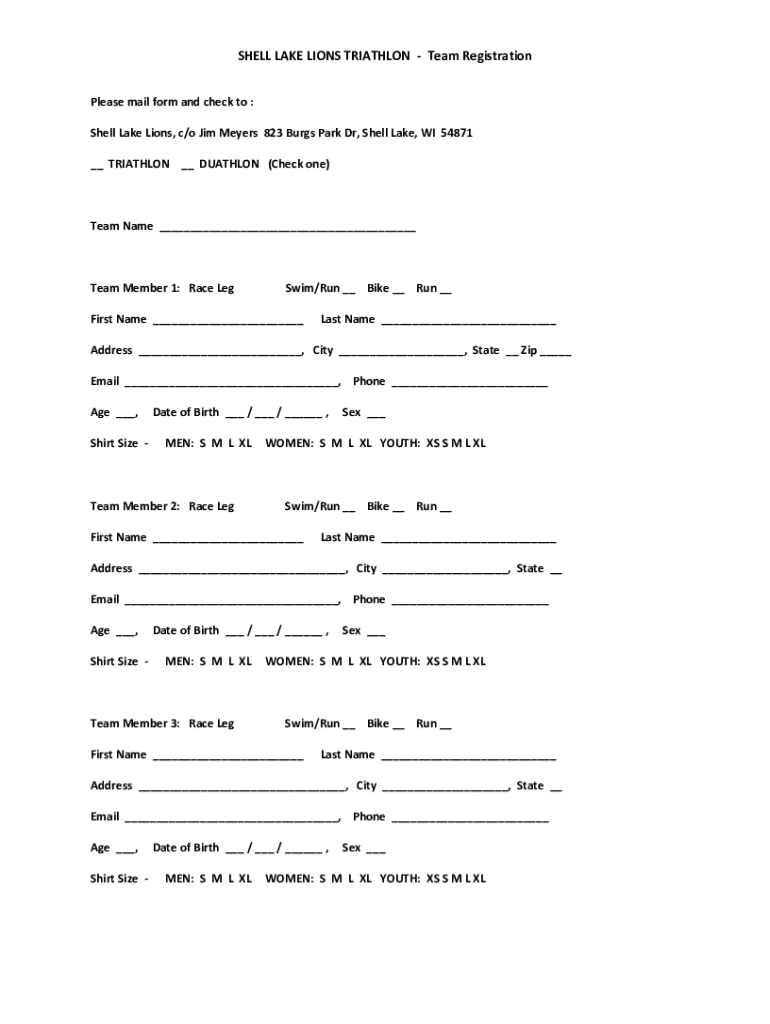 Fillable Online Team Registration - SHELL LAKE LIONS TRIATHLON Fax ...