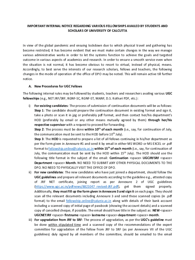 Fillable Online Important Internal Notice for UGC Fellows of University ...
