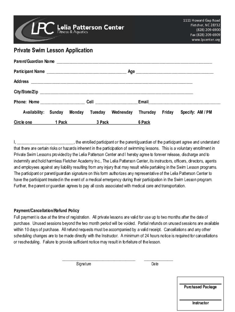 Fillable Online Private Swim Lesson Application - Fletcher Fax Email Print - pdfFiller