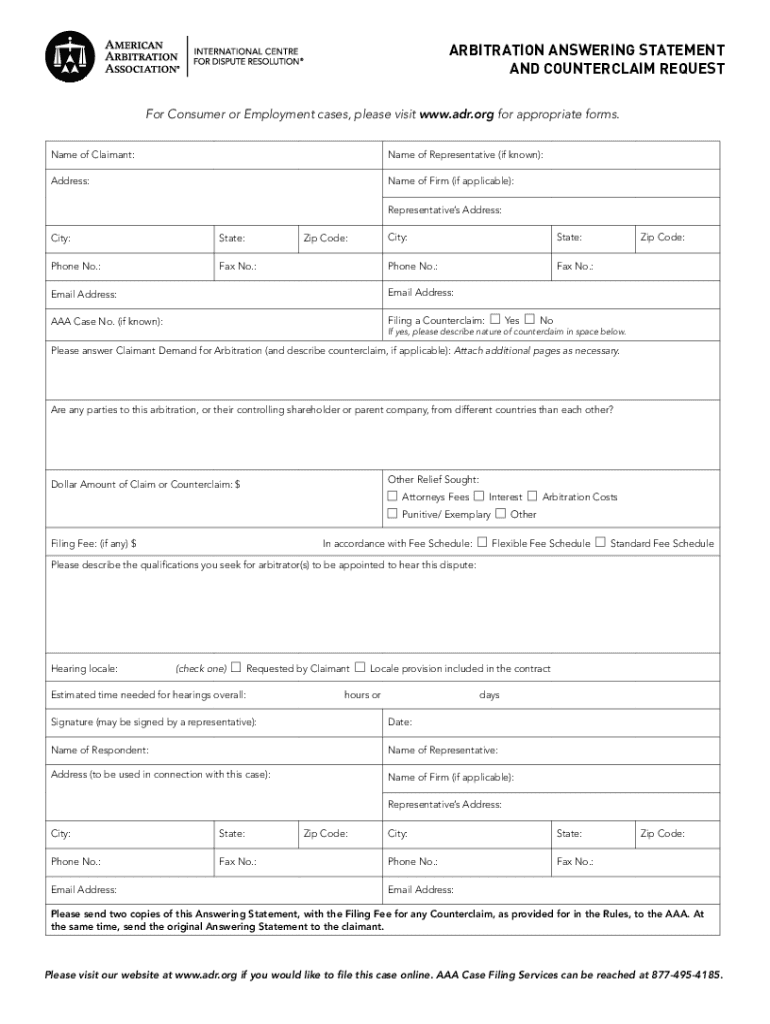 Fillable Online Arbitration Answering Statement and Counterclaim ...