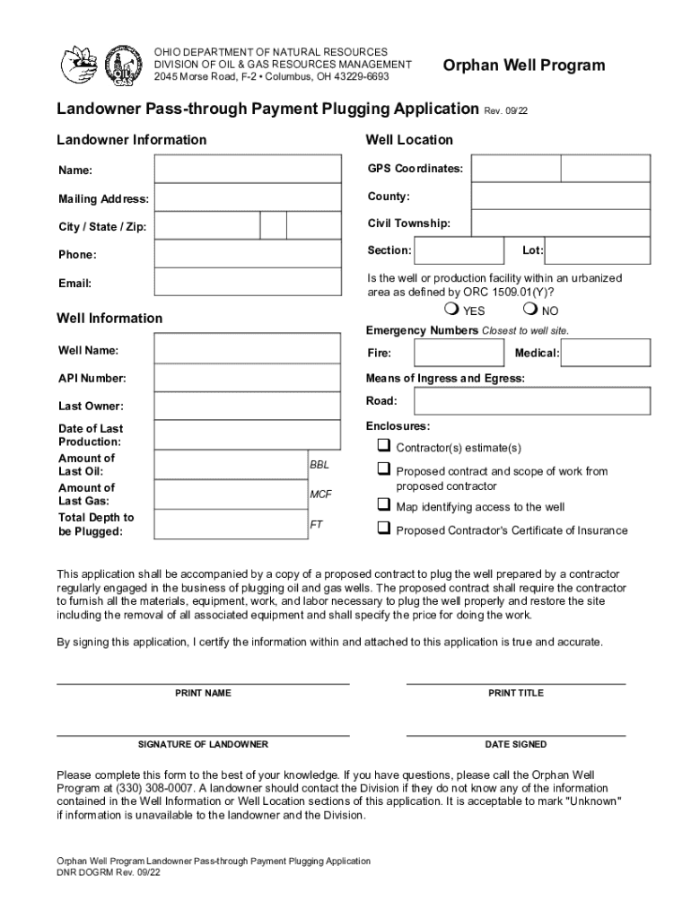 Fillable Online Landowner Pass-through Payment Plugging Application. Orphan Well Program Fax ...