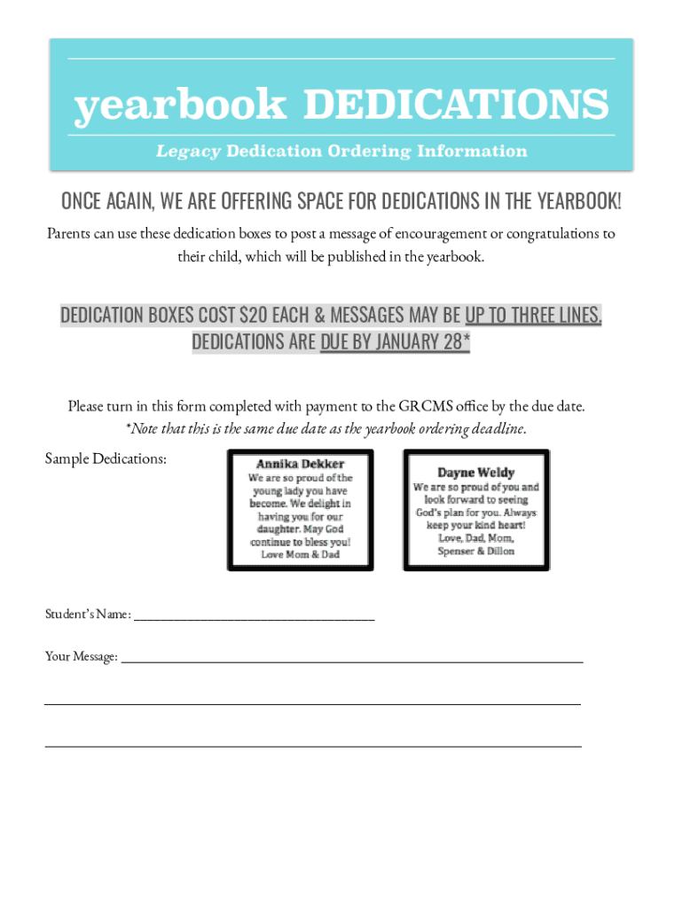 Fillable Online yearbook DEDICATIONS Fax Email Print - pdfFiller