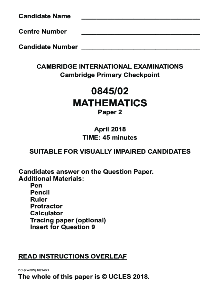Fillable Online Primary Checkpoint Mathematics 0845/02 Paper 2 VIMP ...