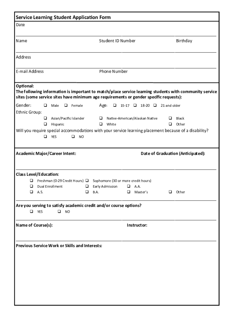 Fillable Online Service Learning Student Application Form Fax Email Print - pdfFiller