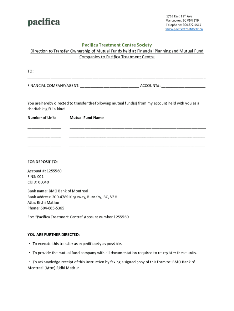 Fillable Online Direction to Transfer Ownership of Mutual Funds held at ... Fax Email Print ...