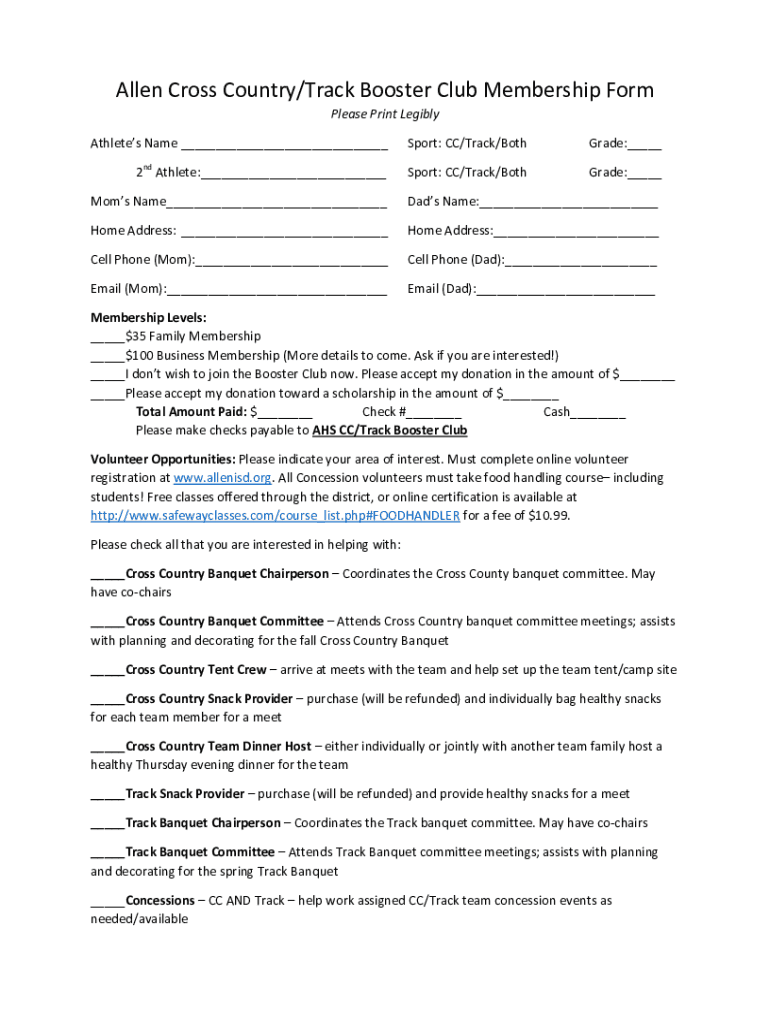 Fillable Online Athletics Booster Membership Form Fax Email Print ...