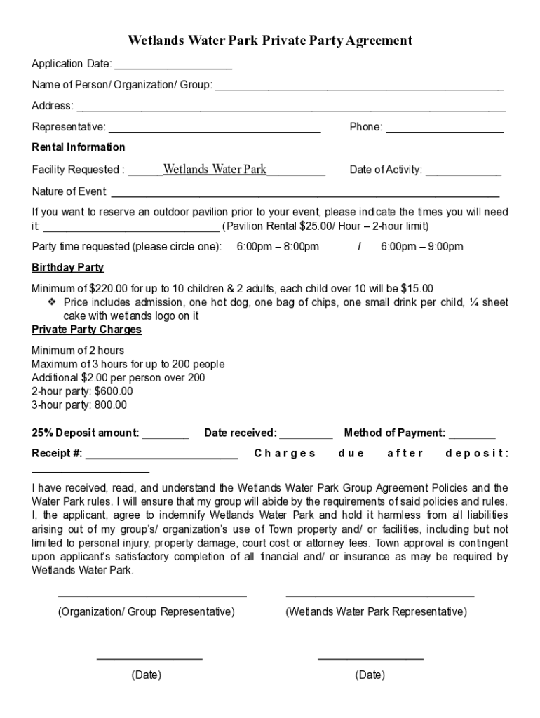 Fillable Online Wetlands Water Birthday Park - Private Party Agreement ...
