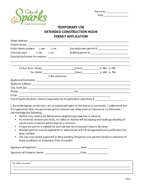 Fillable Online temporary use permit application- construction hours ...