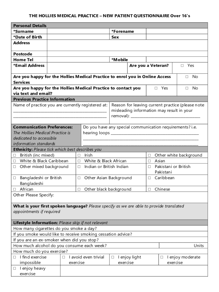 Fillable Online The Hollies Medical Practice New Patient Questionnaire Fax Email Print - pdfFiller