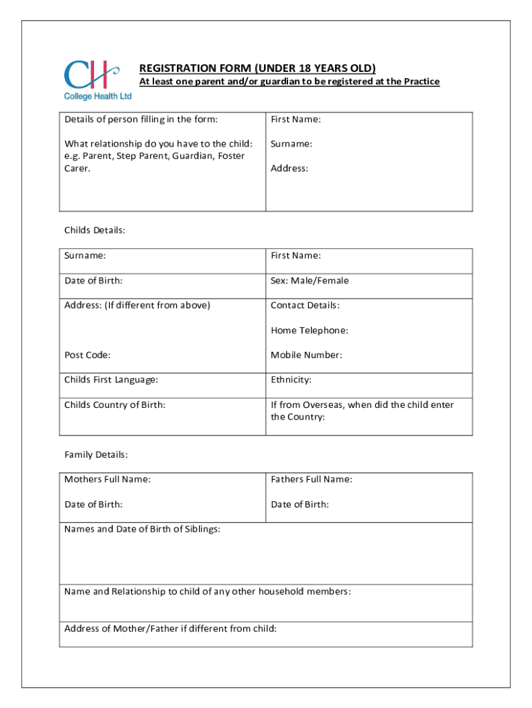 Fillable Online REGISTRATION FORM (UNDER 18 YEARS OLD) Fax Email Print ...