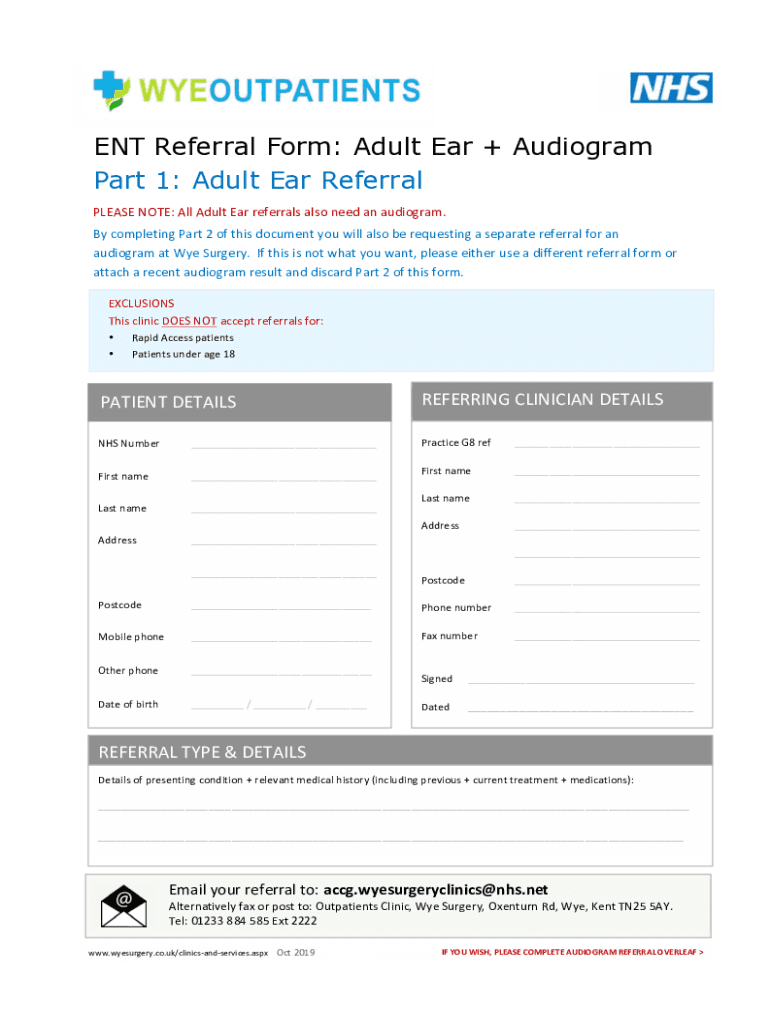 Fillable Online ENT Referral Form: Adult Ear + Audiogram Part 1 Fax ...