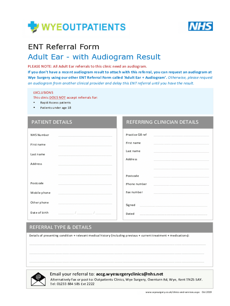 Fillable Online ENT Referral Form Adult Ear - with Audiogram Result Fax ...