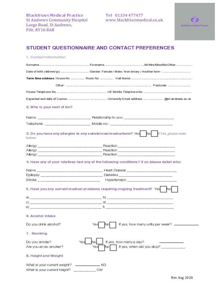 Fillable Online STUDENT QUESTIONNAIRE AND CONTACT ... Fax Email Print - pdfFiller
