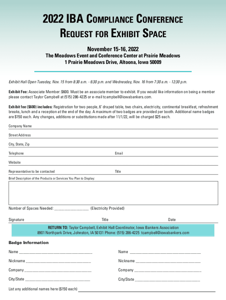 Fillable Online 2022 iba compliance conference request for exhibit ...