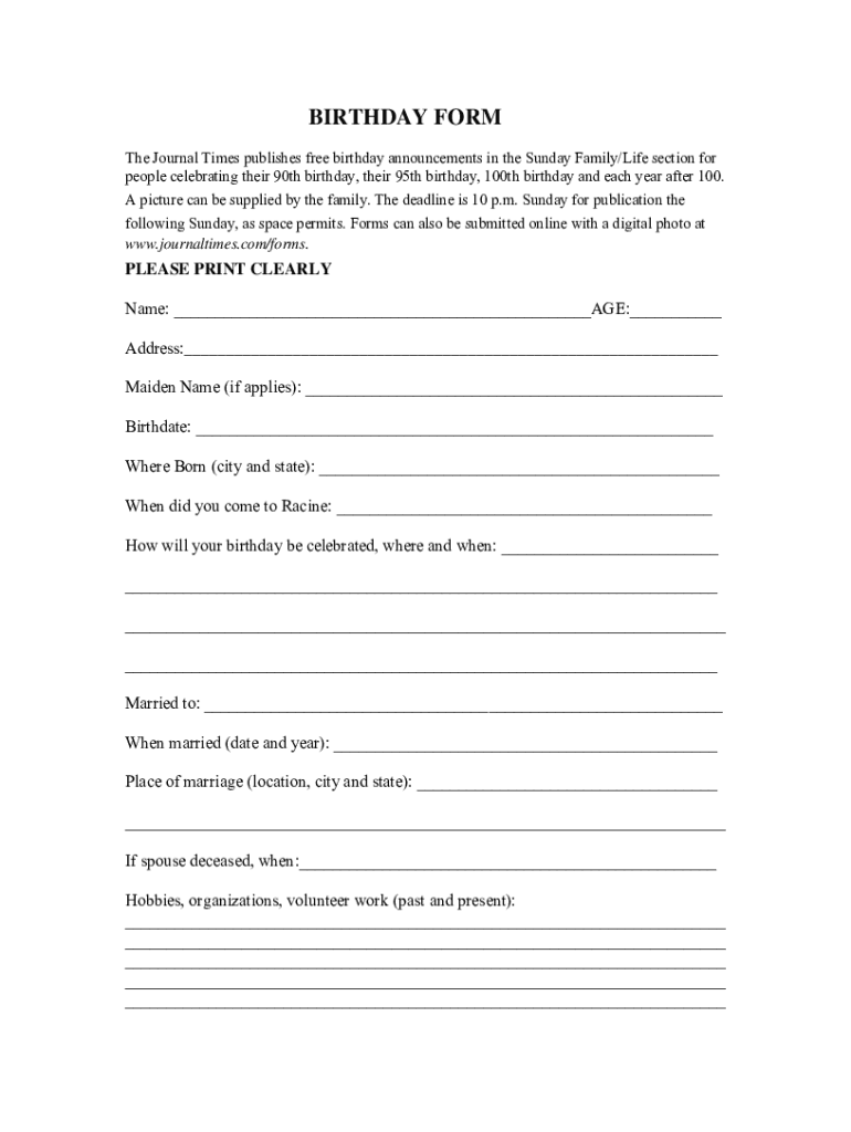 Fillable Online BIRTHDAY FORM Fax Email Print - pdfFiller