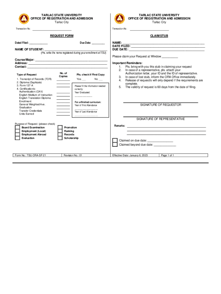 Fillable Online tsu-aro-sf-01-request-form-and-claim-stub.pdf Fax Email ...