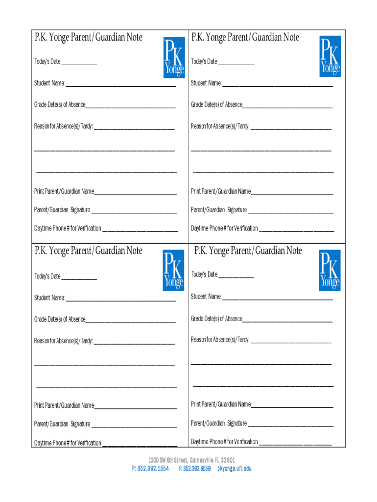 Fillable Online PK Yonge Parent/Guardian Note Fax Email Print - pdfFiller