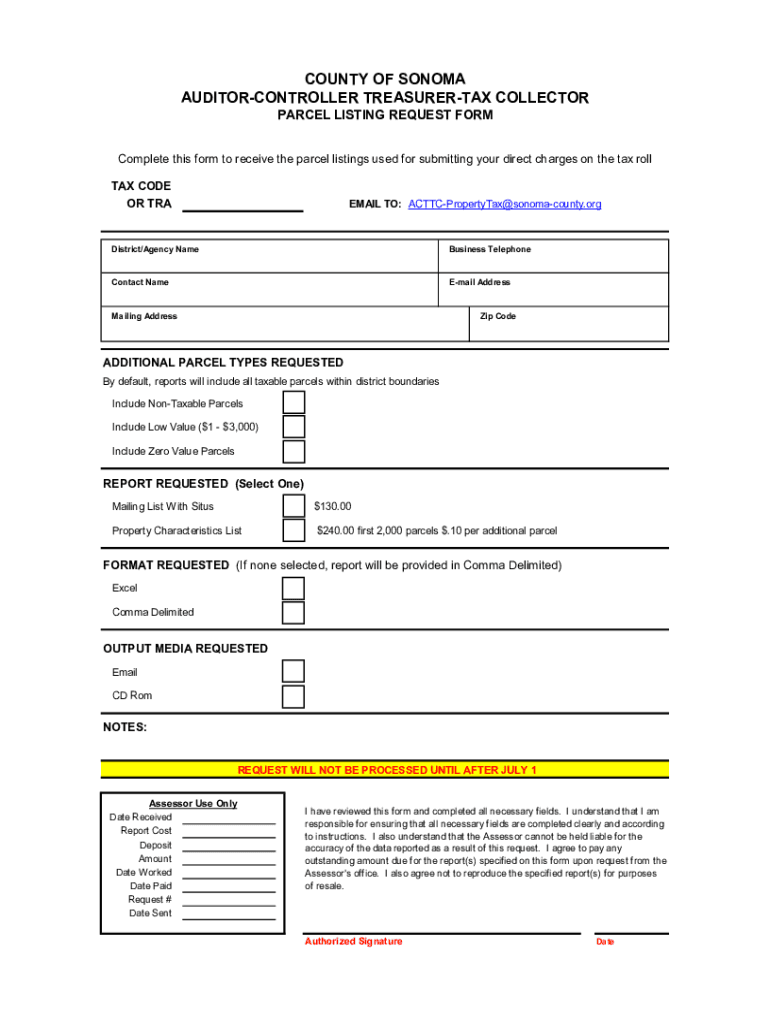 Fillable Online Property Tax Collection Forms - County Of Sonoma - CA ...