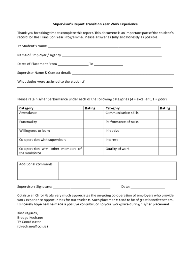 Fillable Online Supervisor's Report Transition Year Work Experience Fax ...