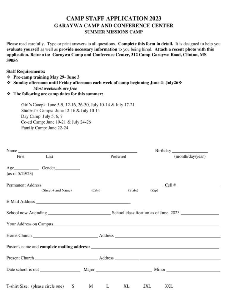 Fillable Online Summer Staff - Garaywa Camp and Conference Center Fax ...