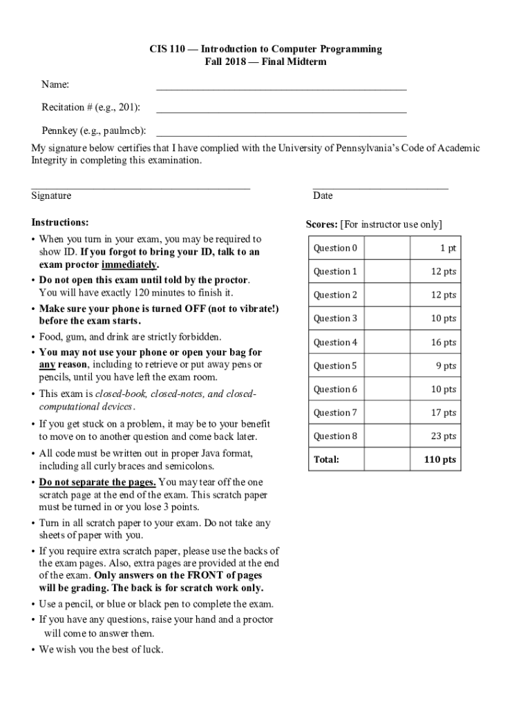 Fillable Online Introduction to Computer Programming (CIS 110) - UPENN ...
