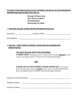 Fillable Online to sign up for email billing or ach payments, please ...