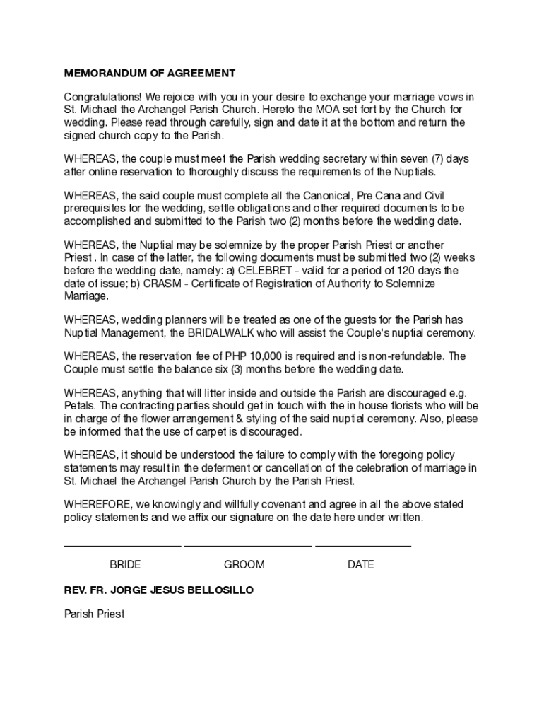 Fillable Online MEMORANDUM OF AGREEMENT Congratulations! We rejoice ...