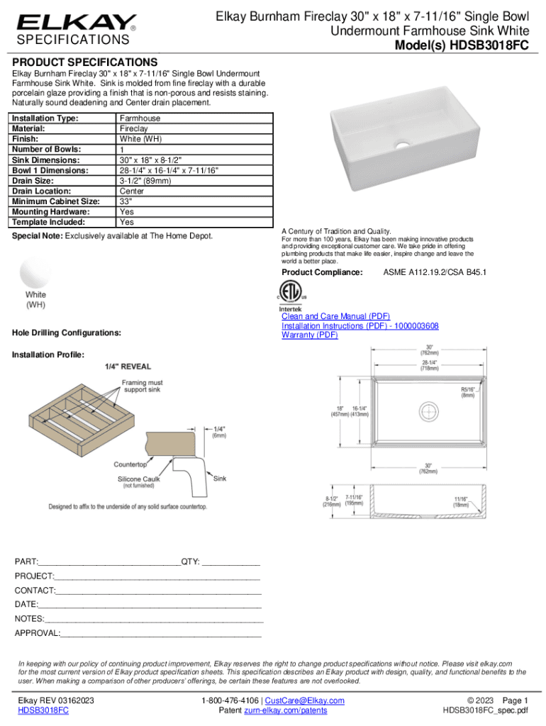 Fillable Online SPECIFICATIONS Elkay Burnham Fireclay 30" x 18" x 7-11/16 ... Fax Email Print ...