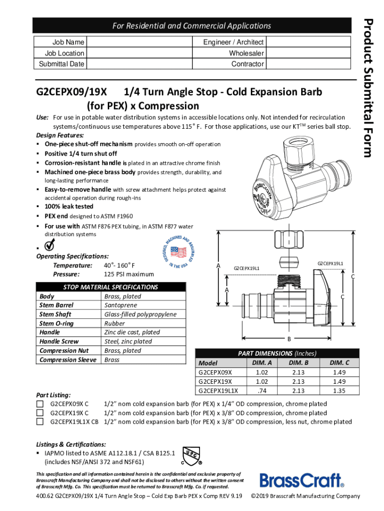 Fillable Online 1/2 in. Cold Expansion Barb (PEX) x 3/8 in. Compression ...