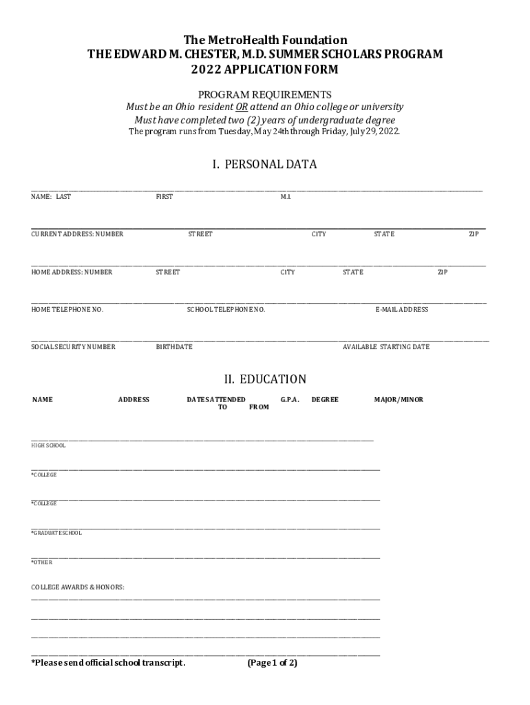 Fillable Online The Chester Summer Scholars Program Application ... Fax ...