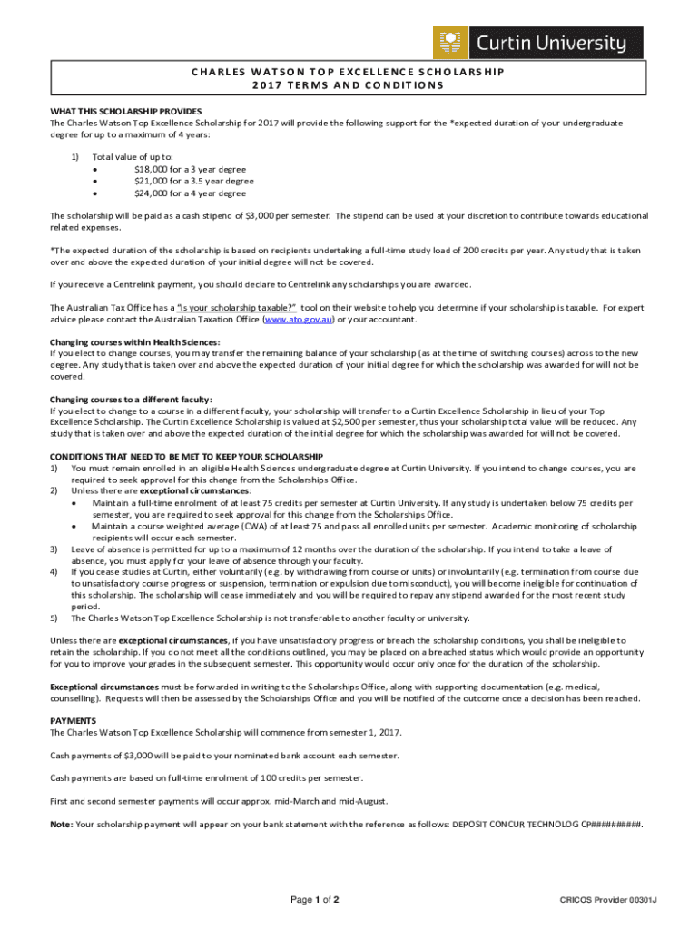 Fillable Online scholarships curtin edu CHARLES WATSON TOP EXCELLENCE ...