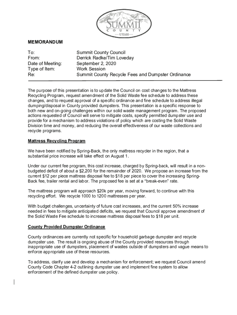 Fillable Online MEMORANDUM To: Summit County Council From: Derrick Radke ... Fax Email Print ...