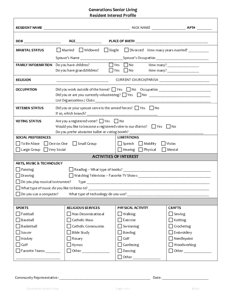 Fillable Online Generations Senior Living Resident Interest Profile ACTIVITIES OF ... Fax Email ...