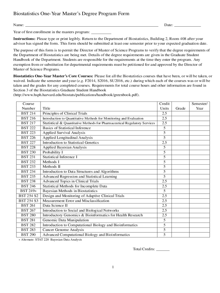 Fillable Online Biostatistics One-Year Master's Degree Program Form Fax ...