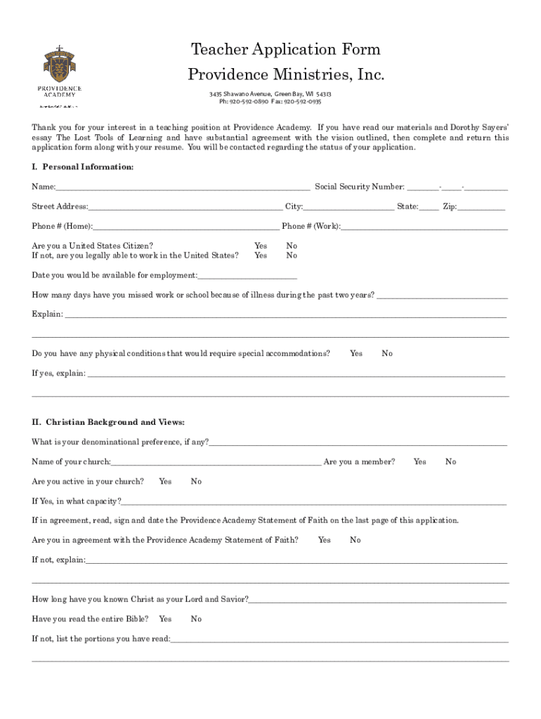 Fillable Online Teacher Application Form - Providence Academy Fax Email ...