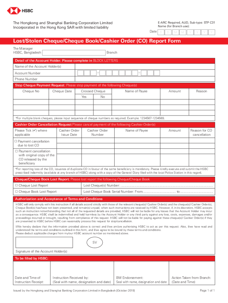 Fillable Online LostStolen ChequeCheque BookCashier Order (CO) Report ...