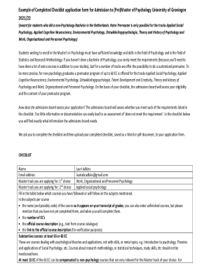 Fillable Online Checklist application form for Admission to (Pre)Master ...