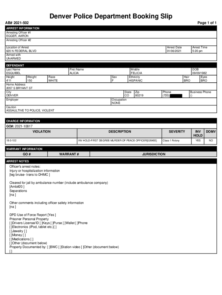 Fillable Online Denver Police Department Booking Slip Fax Email Print - pdfFiller