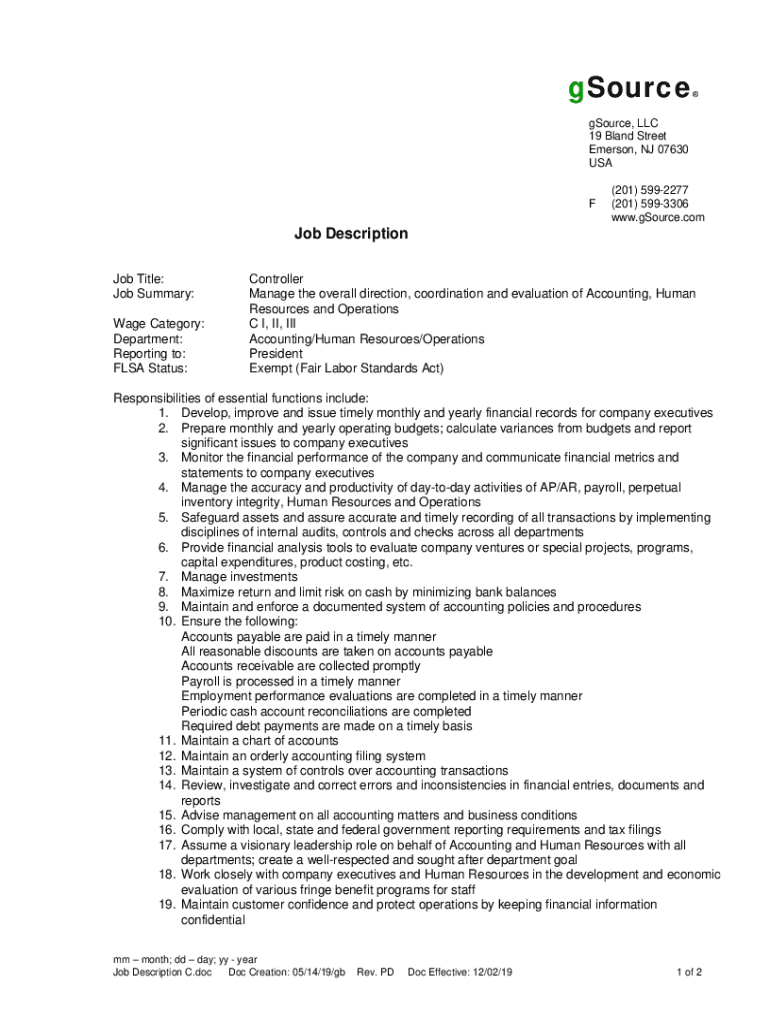 Fillable Online Job description Controller (C).doc Fax Email Print ...