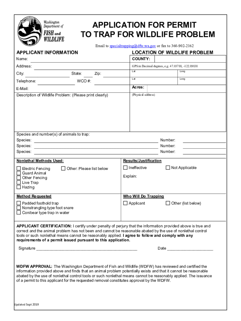 Fillable Online wdfw wa application for permit to trap for animal problem - wdfw wa Fax Email ...