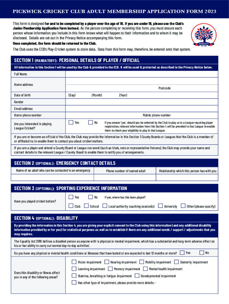 Fillable Online PICKWICK CRICKET CLUB ADULT MEMBERSHIP APPLICATION ...