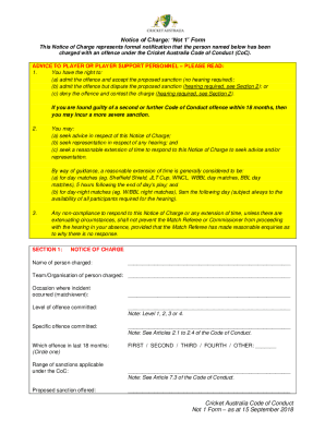 Fillable Online Notice of Charge: 'Not 1' Form Cricket Australia Code ...