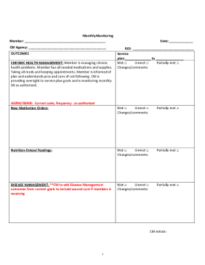 Fillable Online Monthly Monitoring Member: Date: OUTCOMES Service plan ...