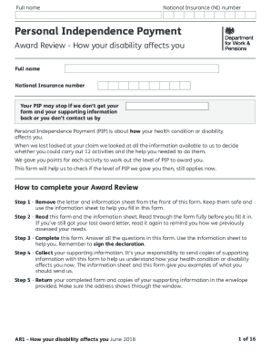 Fillable Online AR1 - Personal Independance Payment - Award Review How ...