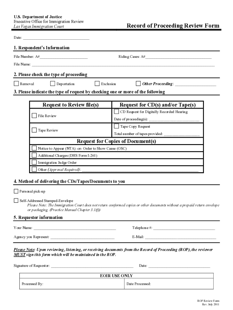 Fillable Online Record Of Proceeding Review Form. Department of Justice ...