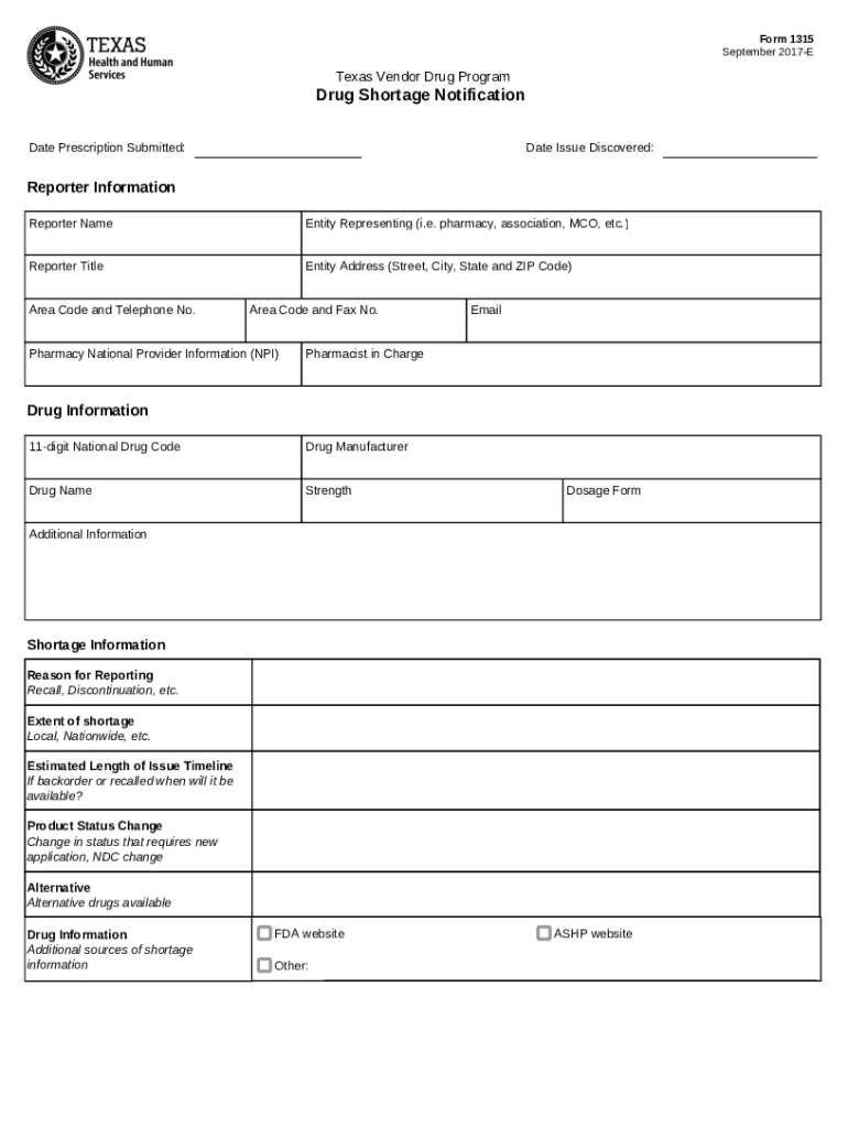 Fillable Online Drug Shortage Notification. Form 1315 Fax Email Print ...