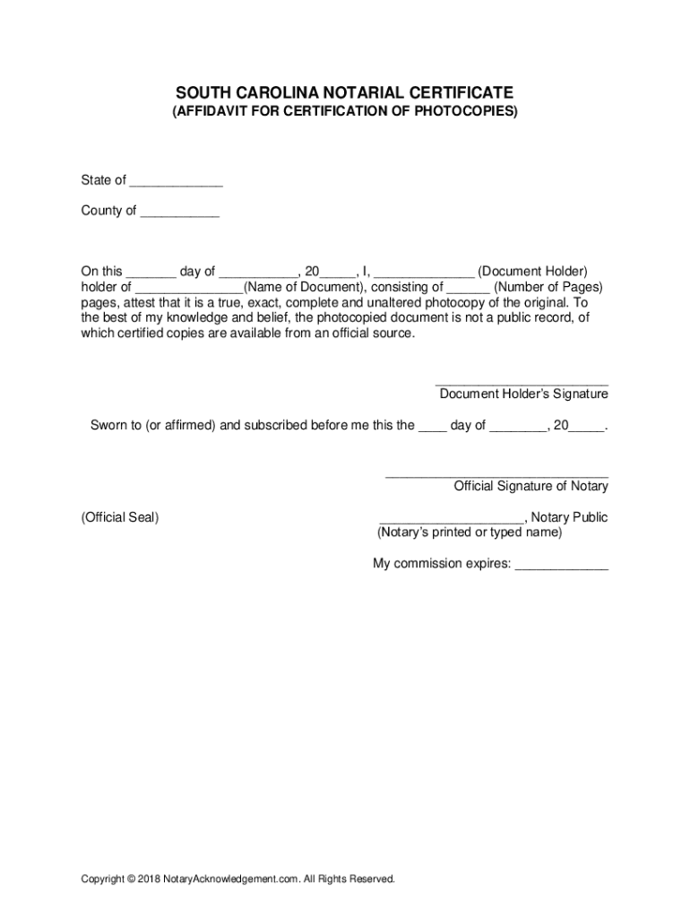 Fillable Online South Carolina Notarial Certificate Affidavit for ...