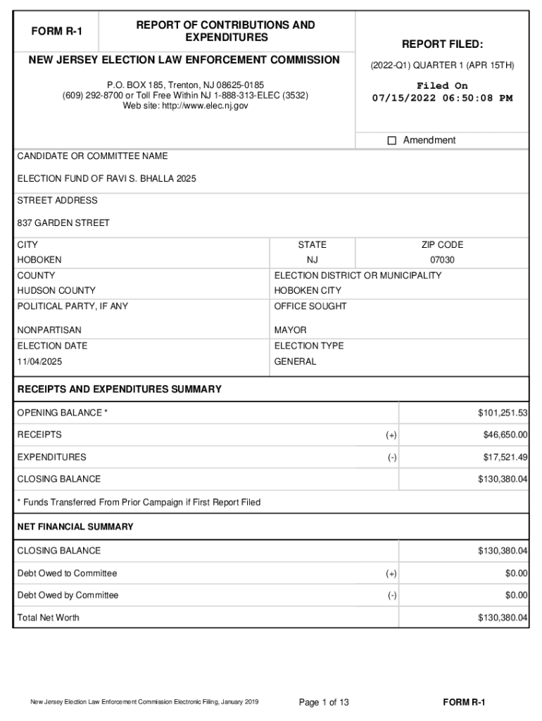 Fillable Online form r-1 report of contributions and expenditures ...